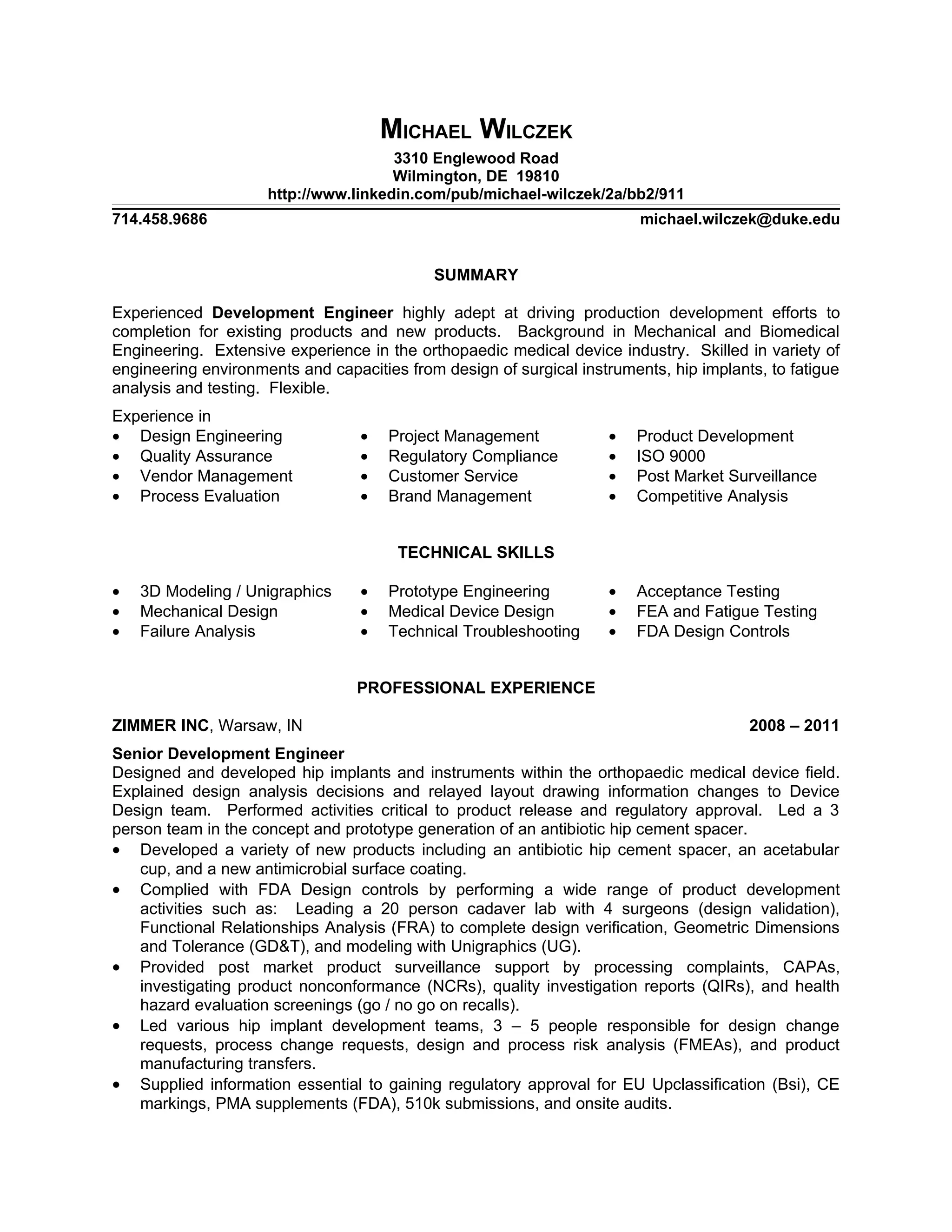 Wilczek Michael Resume 2 27 11 | DOC