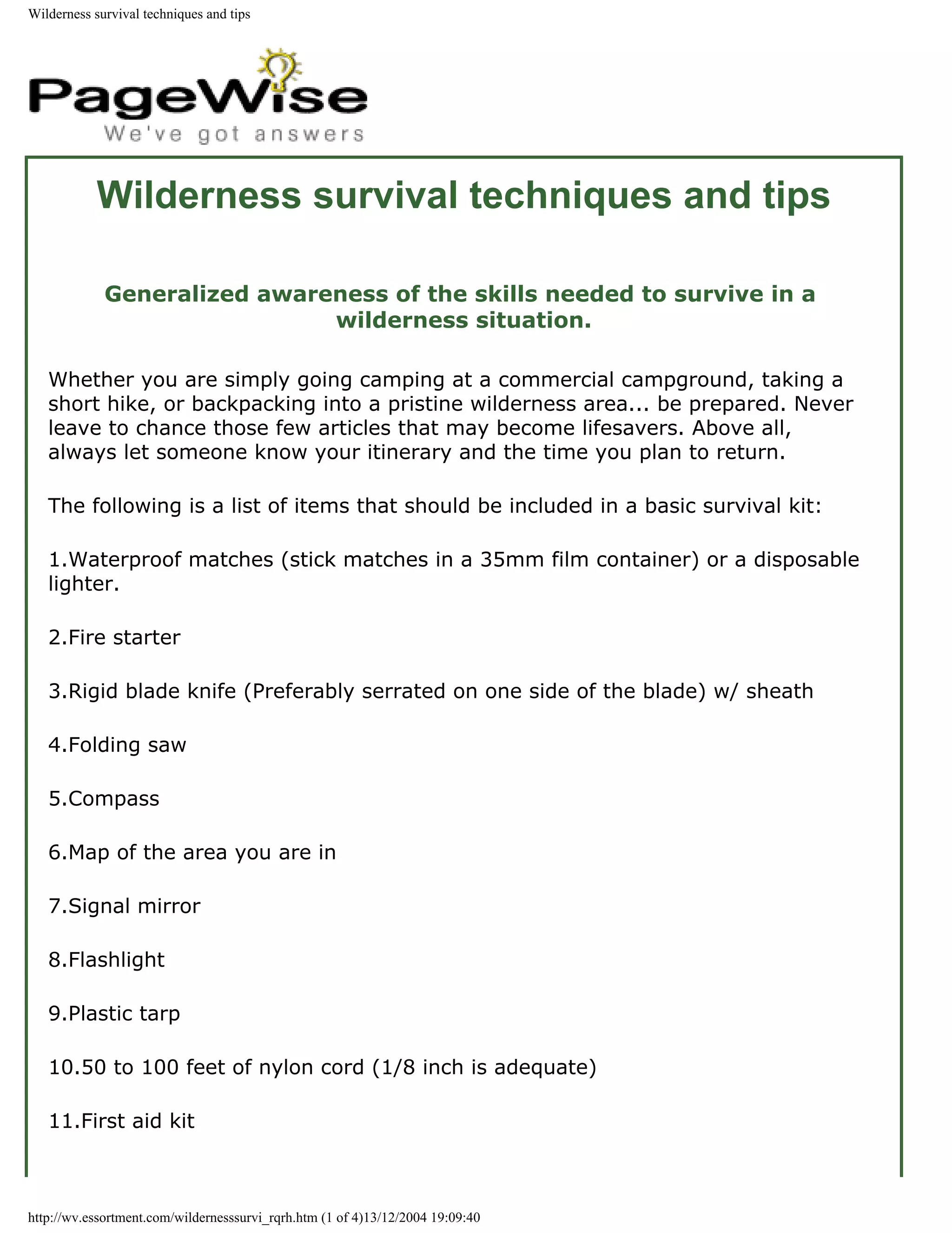 Wilderness Survival Techniques And Tips | PDF
