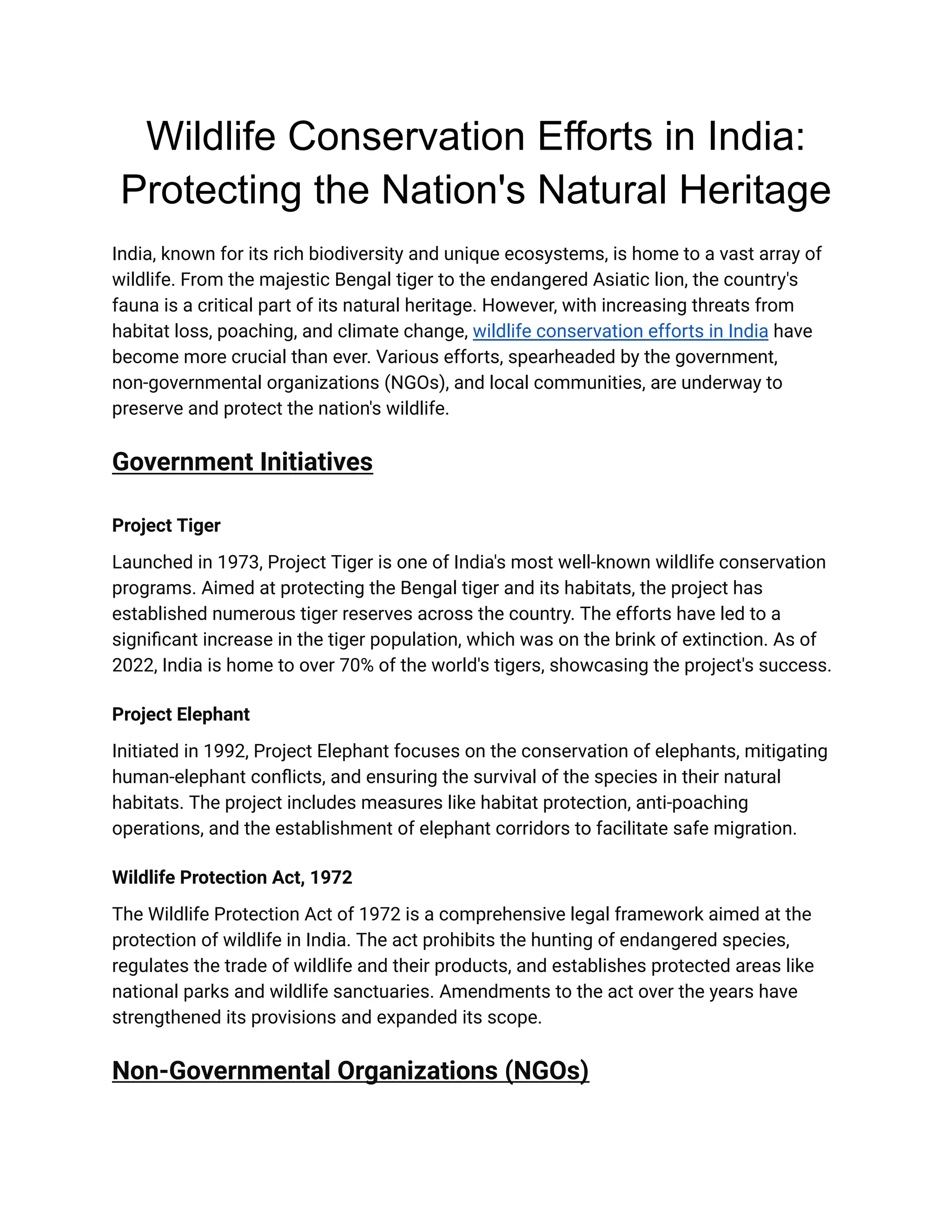 Wildlife Conservation Efforts in India: Protecting the Nation's Natural Heritage | PDF