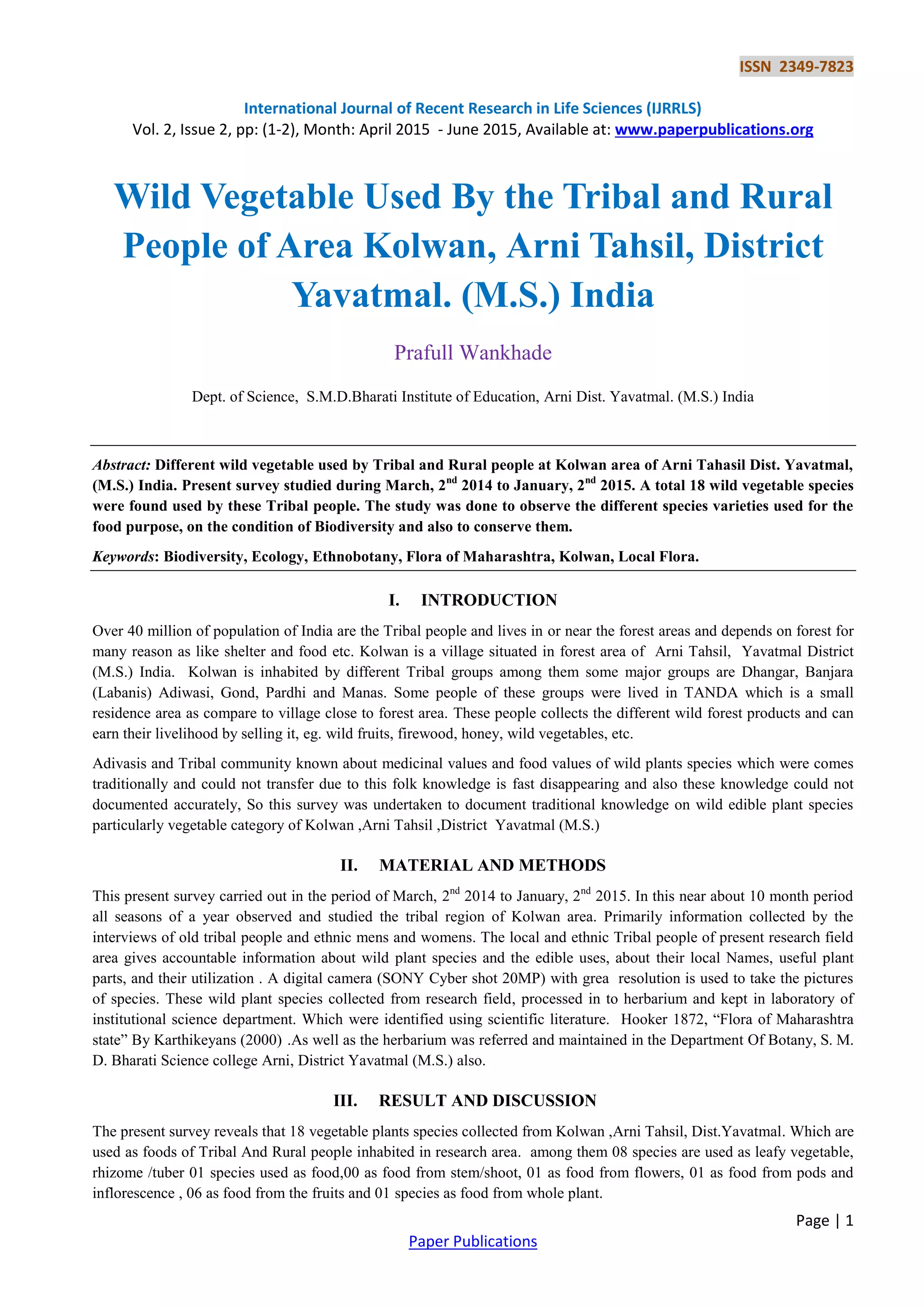 Wild Vegetable Used By the Tribal and Rural People of Area Kolwan, Arni ...