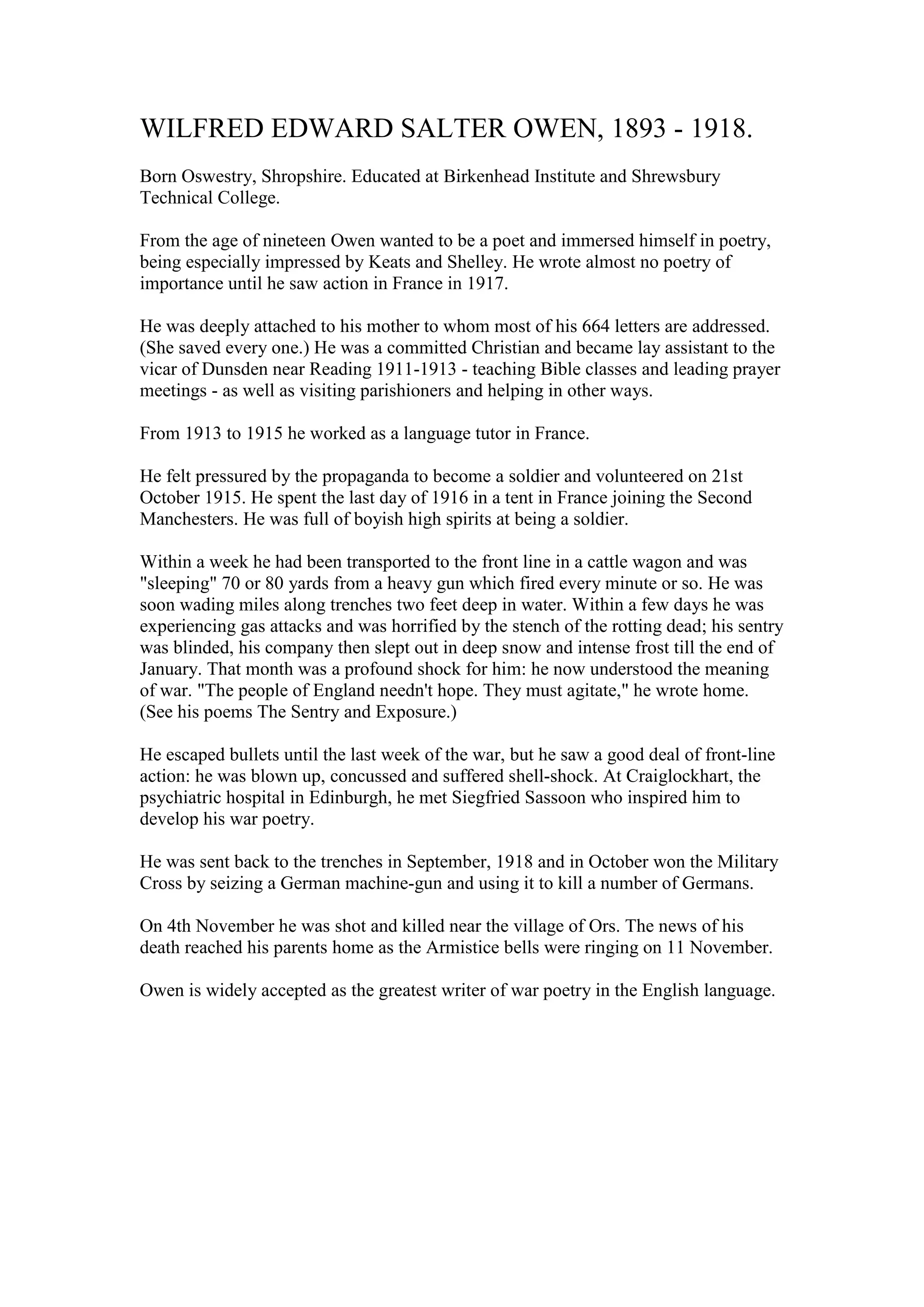 Wilfred Owen's Poetry | PDF