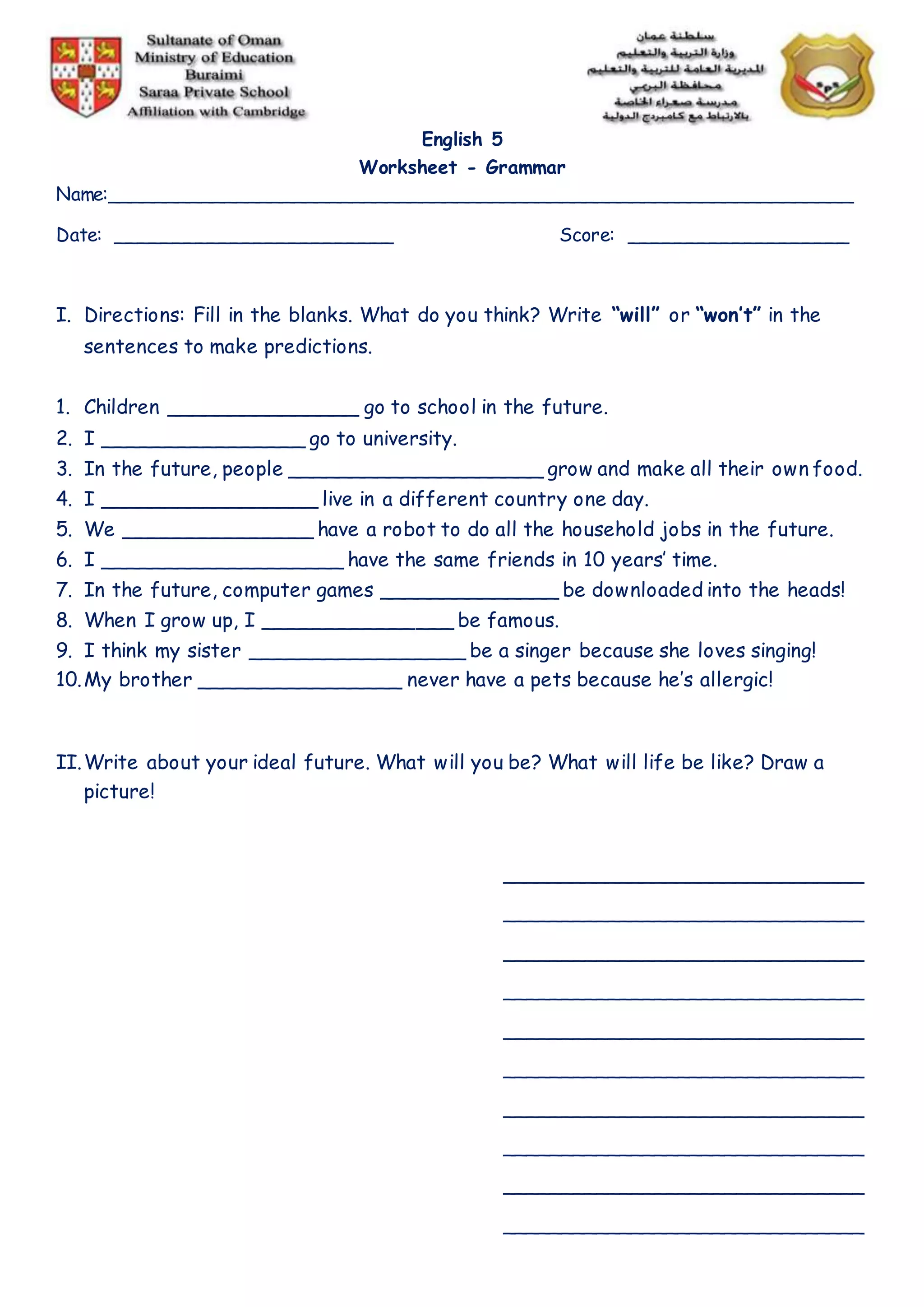 Worksheet: Use of Will and Won't | DOCX