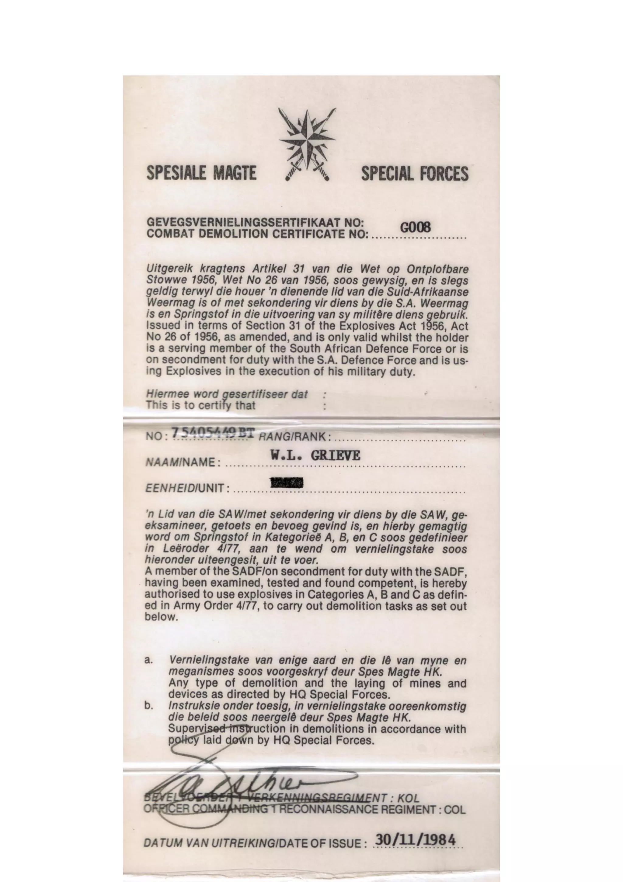 William leslie grieve sadf special forces combat demolitions ...