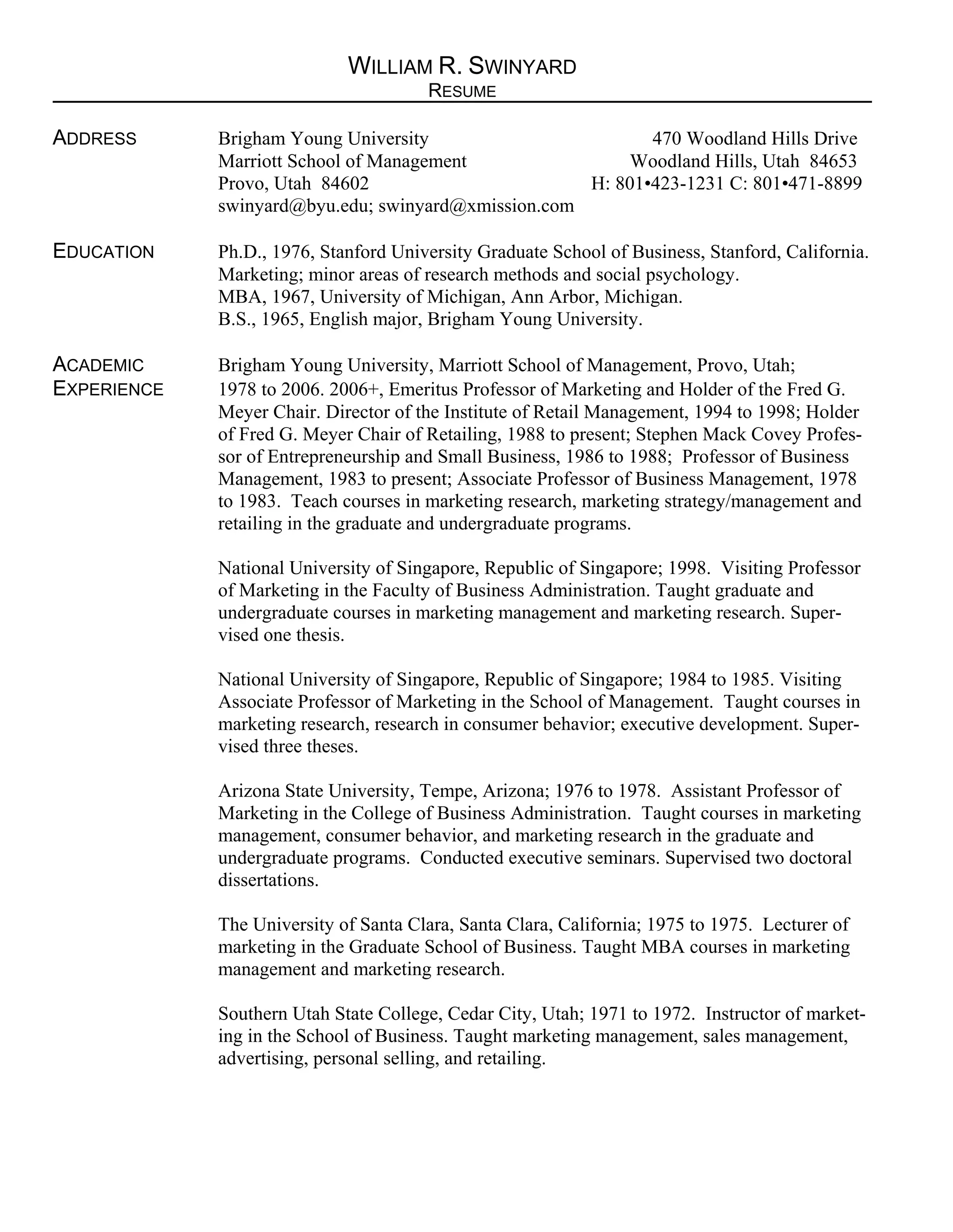 William R. Swinyard, Bill Swinyard resume | PDF