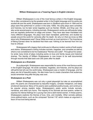 William Shakespeare as a Towering Figure in English Literature | PDF