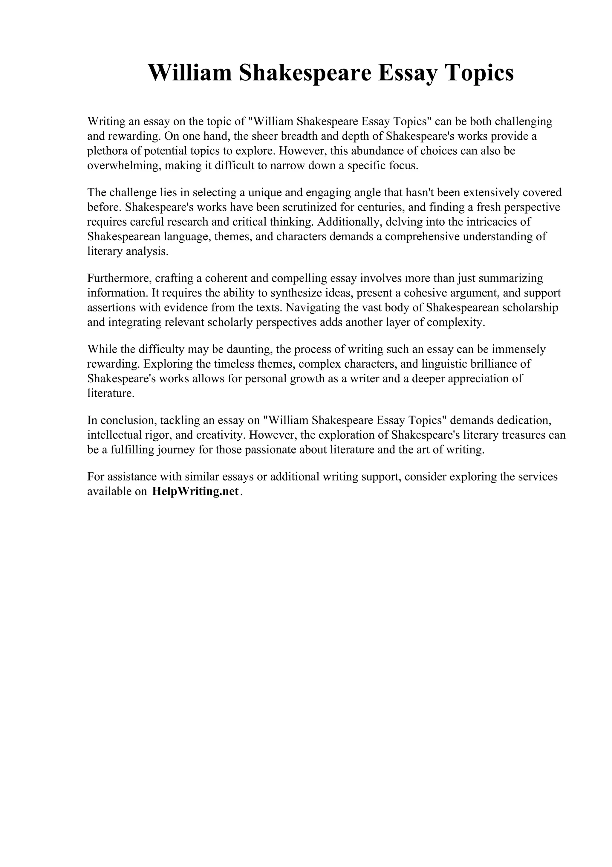 William Shakespeare Essay Topics. Elon University | PDF