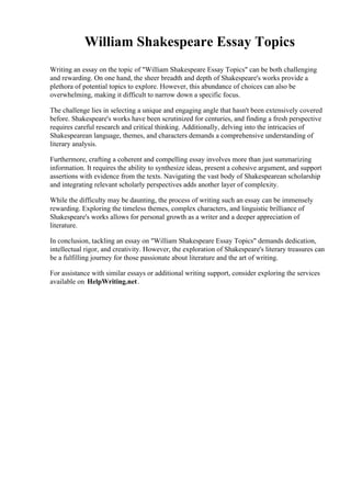 William Shakespeare Essay Topics. Elon University | PDF