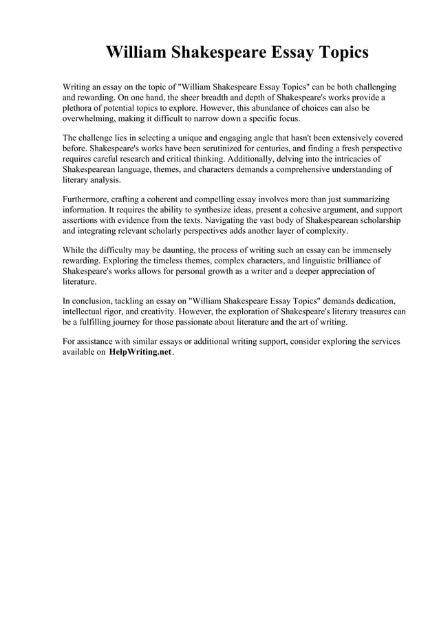 William Shakespeare Essay Topics. Elon University | PDF