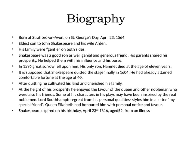 William Shakespeare, his life description and works | PPTX