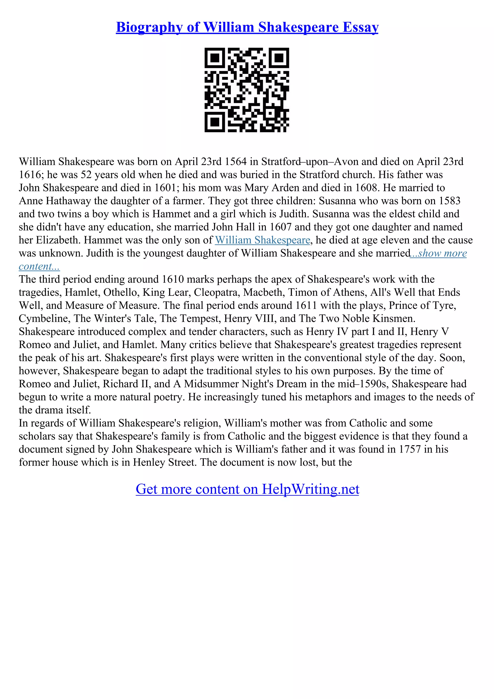 William Shakespeare Short Biography Essay | PDF