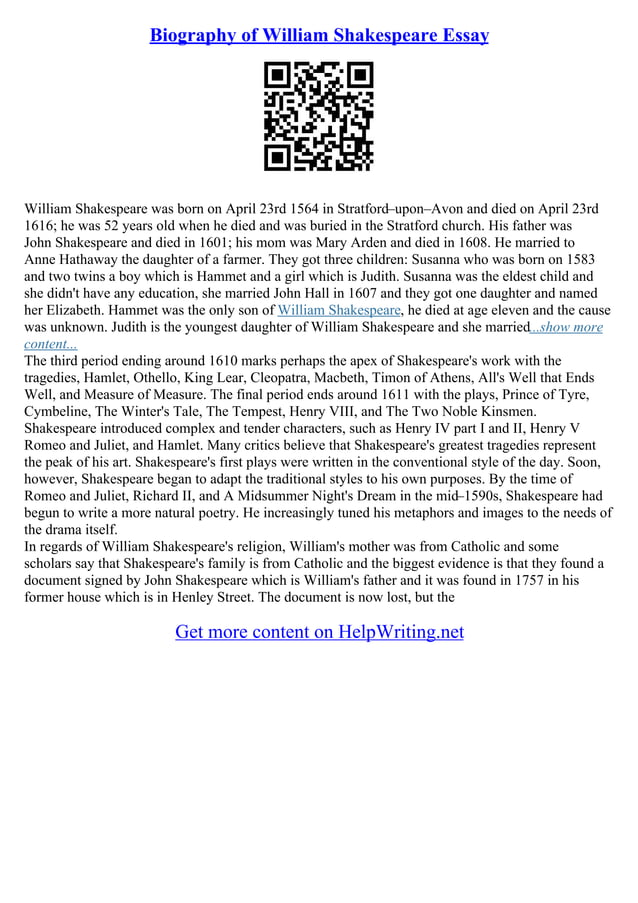 William Shakespeare Short Biography Essay | PDF