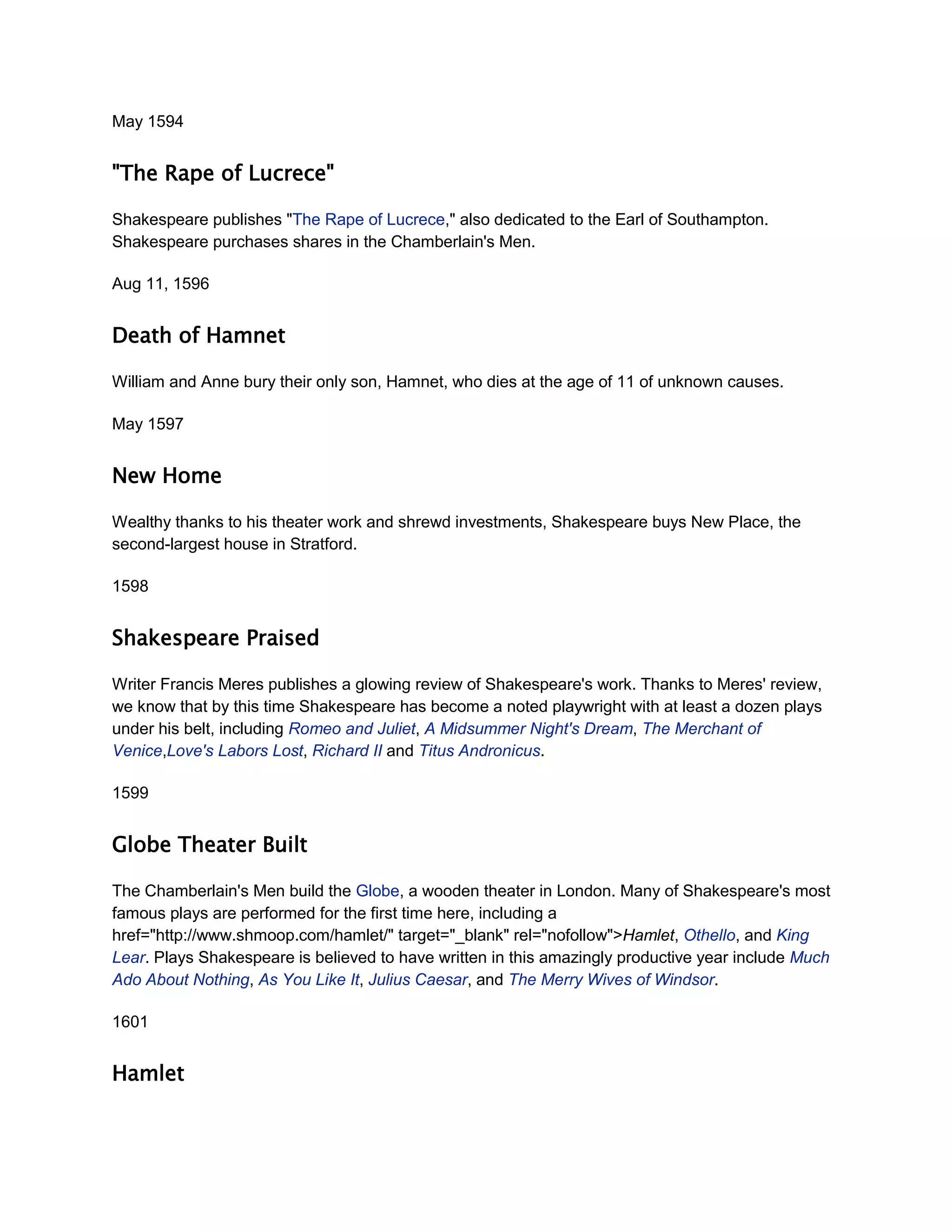 William shakespeare timeline | DOCX