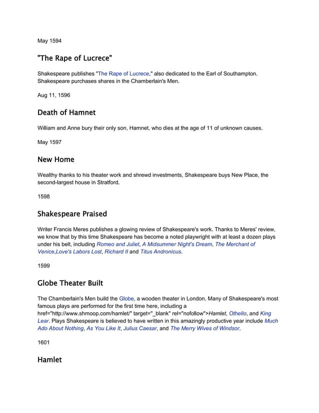 William shakespeare timeline | DOCX
