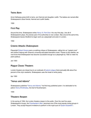 William Shakespeare Timeline Of Important Events