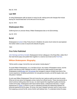 William Shakespeare Timeline Of Important Events