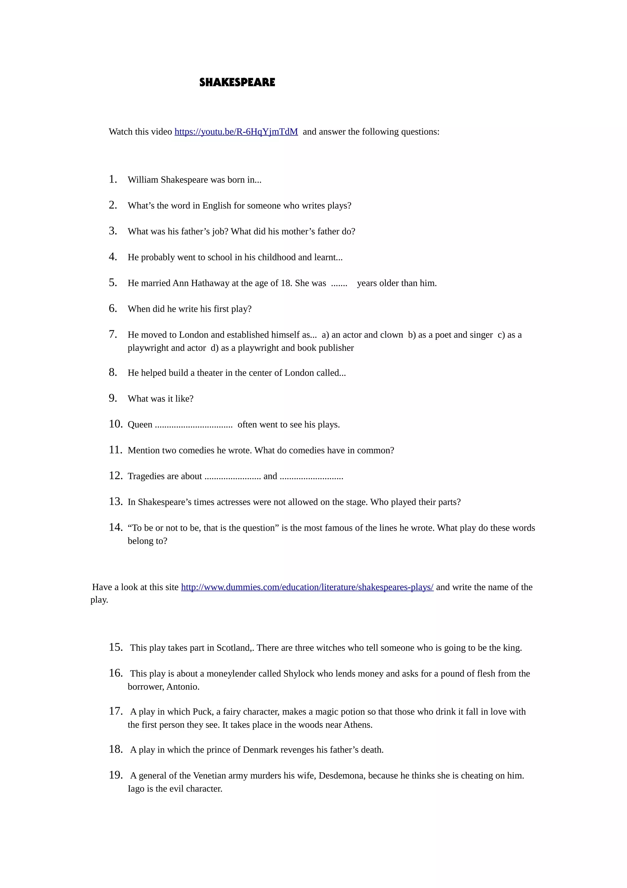 William shakespeare webquest 4 eso | DOC