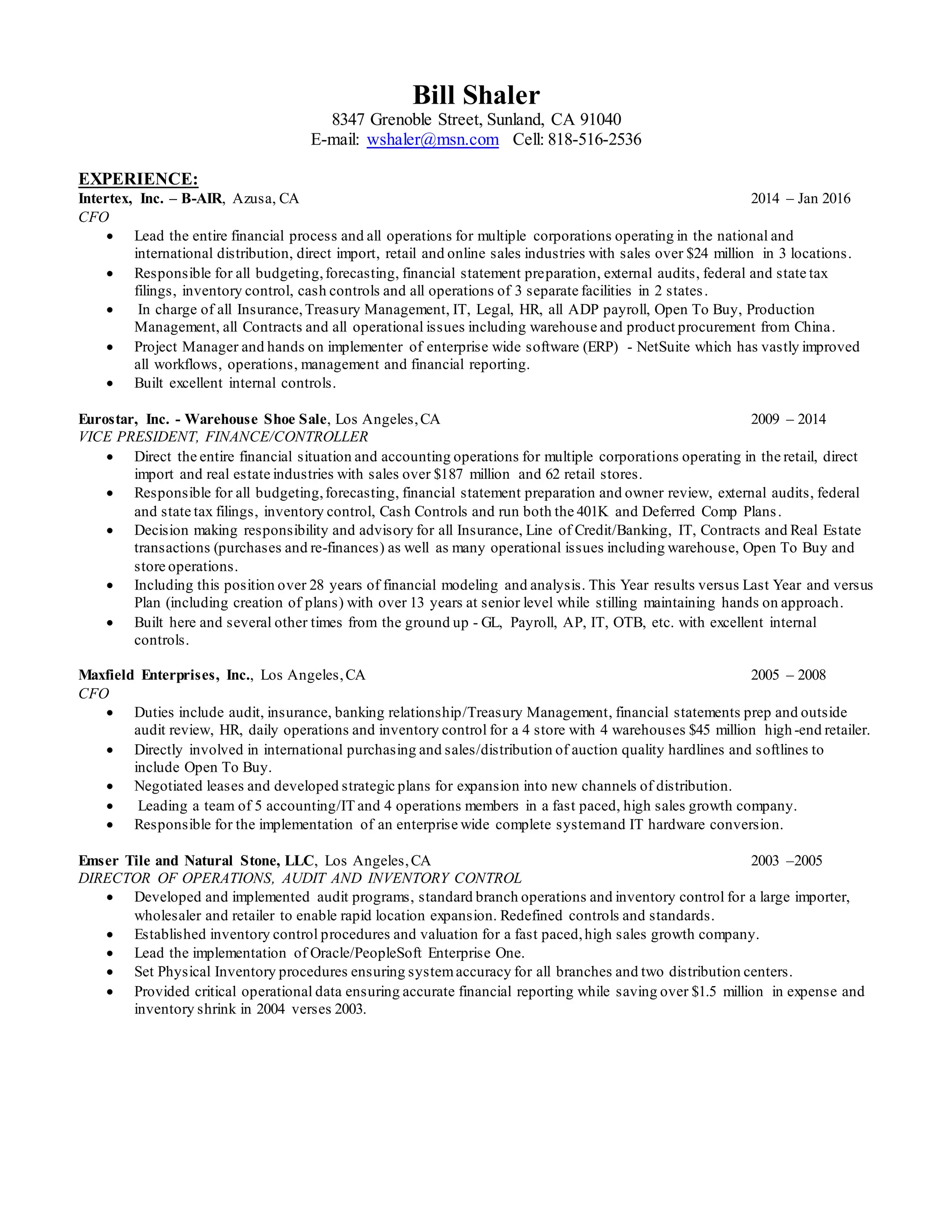 Bill Shaler resume | DOCX