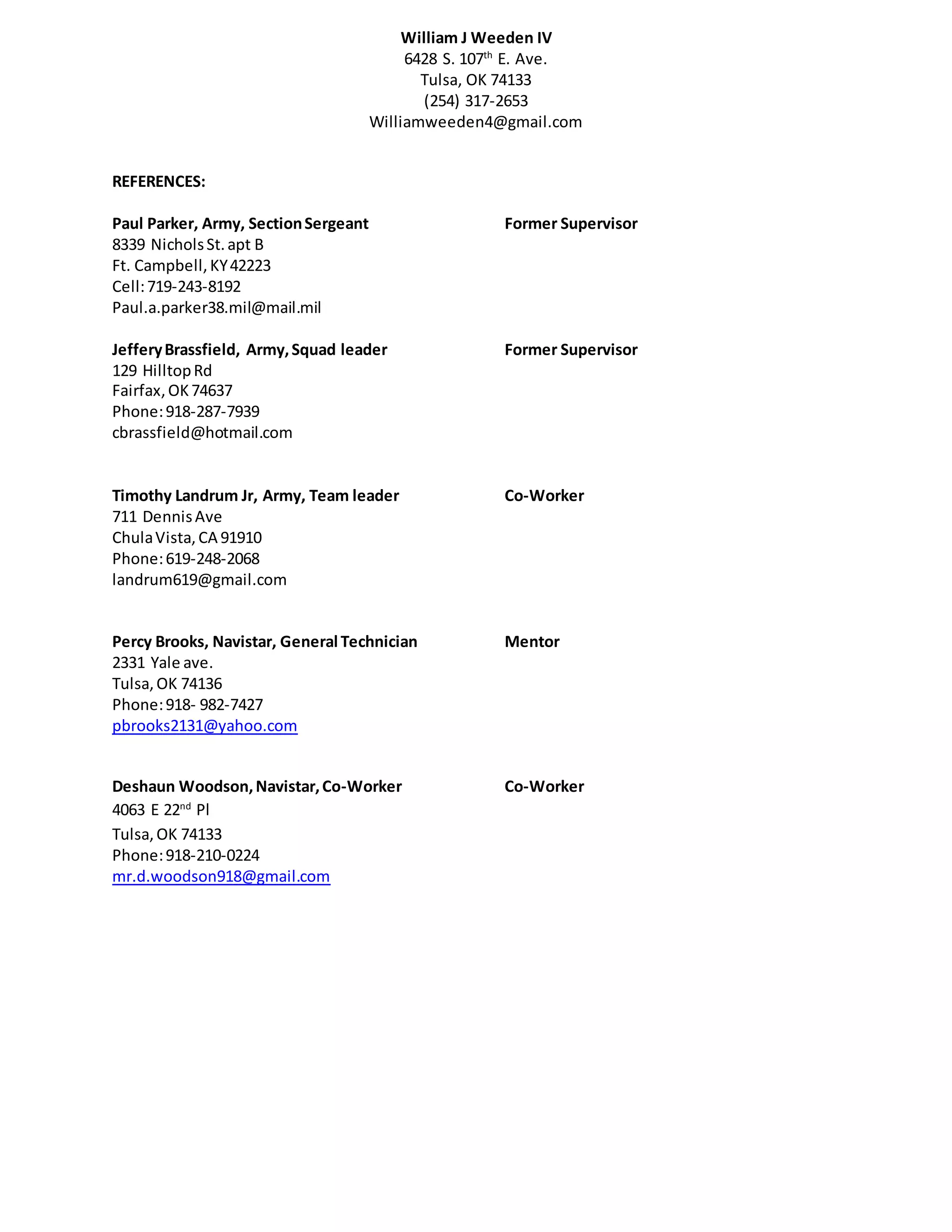 Williamweedenresumereferencesmay2016 | DOCX