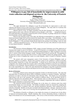 Willingness to pay bid of households for improvement in solid waste collection and disposal ...