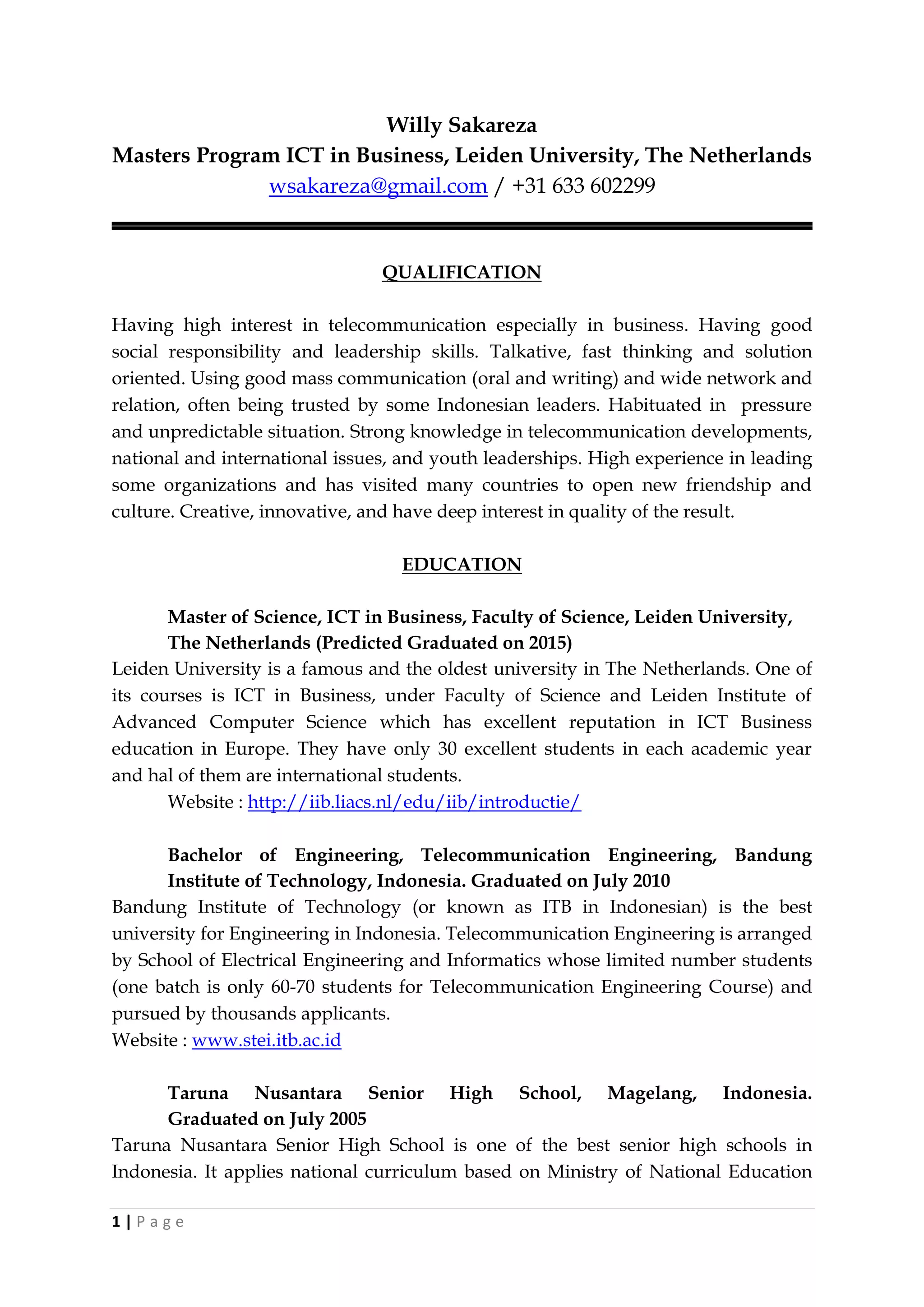 CV Willy Sakareza | PDF