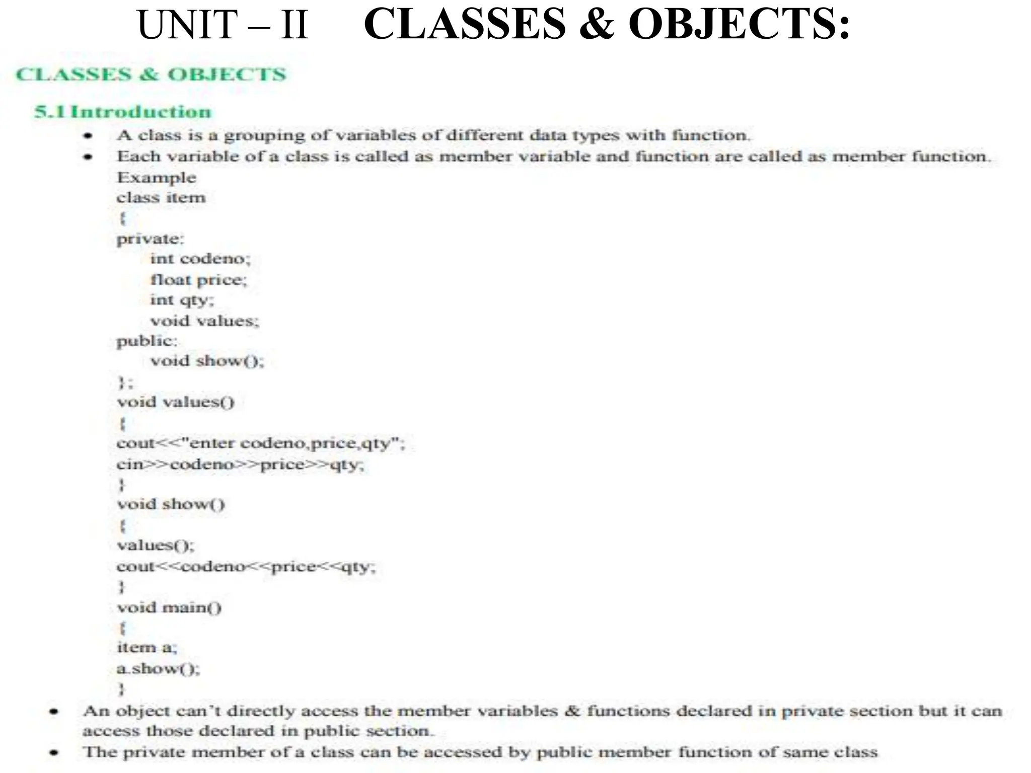 C++ - UNIT_-_II.pptx which used to contain breif description about classes & objects | PPT