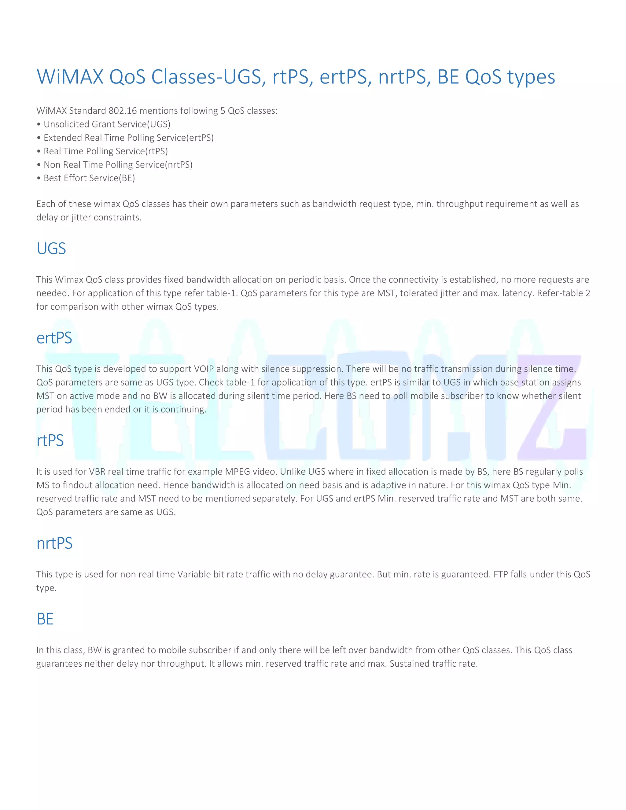 WiMAX QoS classes UGS, rtPS, ertPS, nrtPS, BE QoS types | PDF
