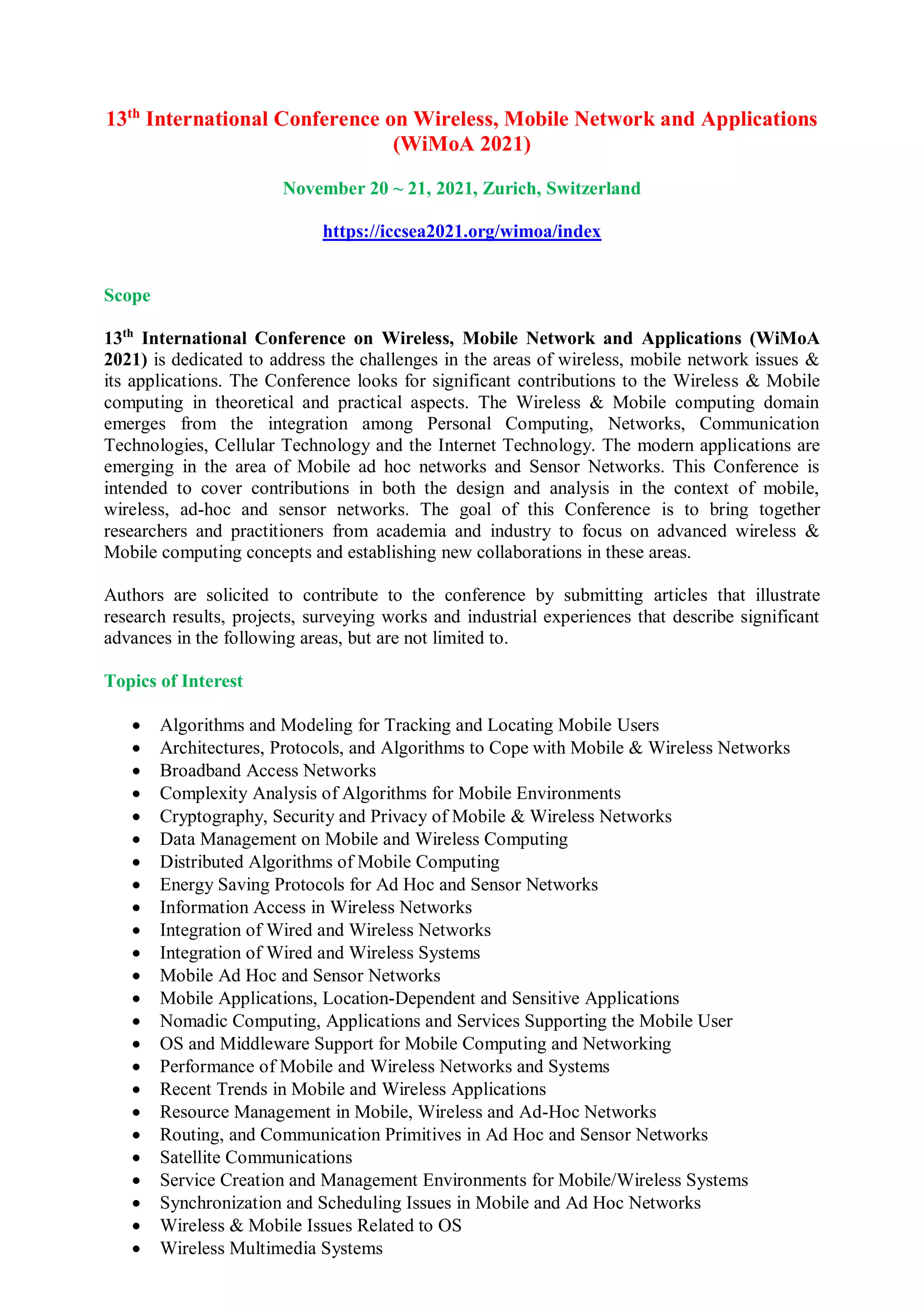 13th International Conference on Wireless, Mobile Network and Applications (WiMoA 2021) | PDF
