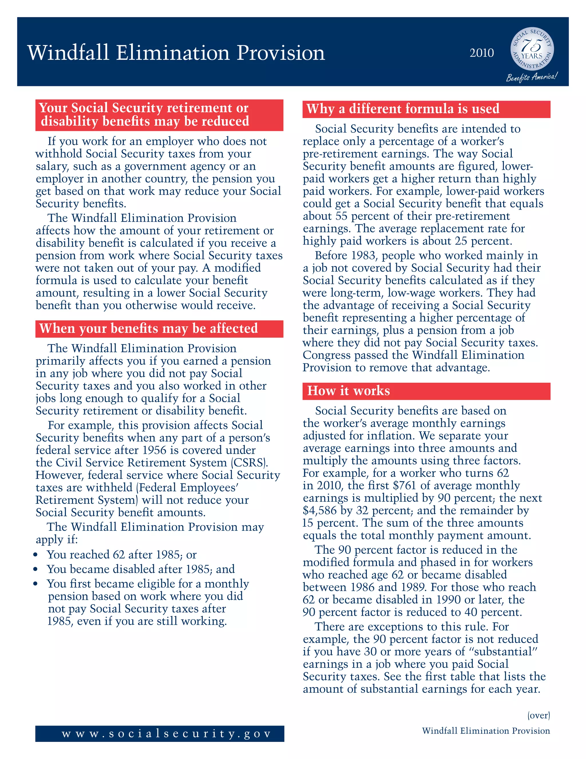 Windfall Elimination Provison | PDF | Government Support and Welfare | Financial Assistance