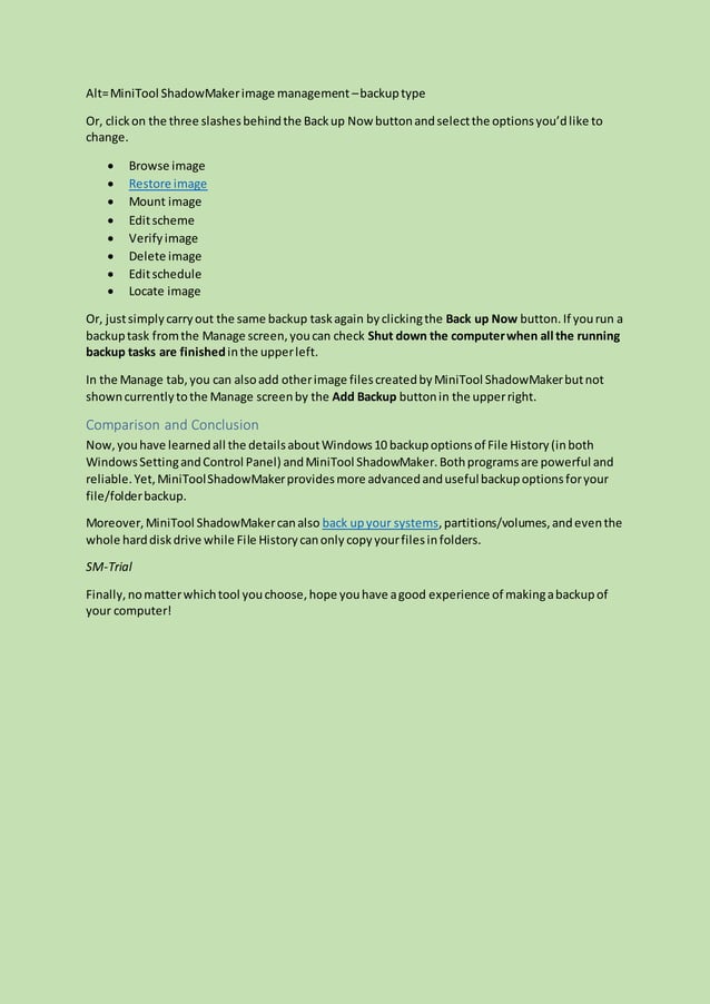 Windows 10 backup options | DOCX | Operating Systems | Computer Software and Applications