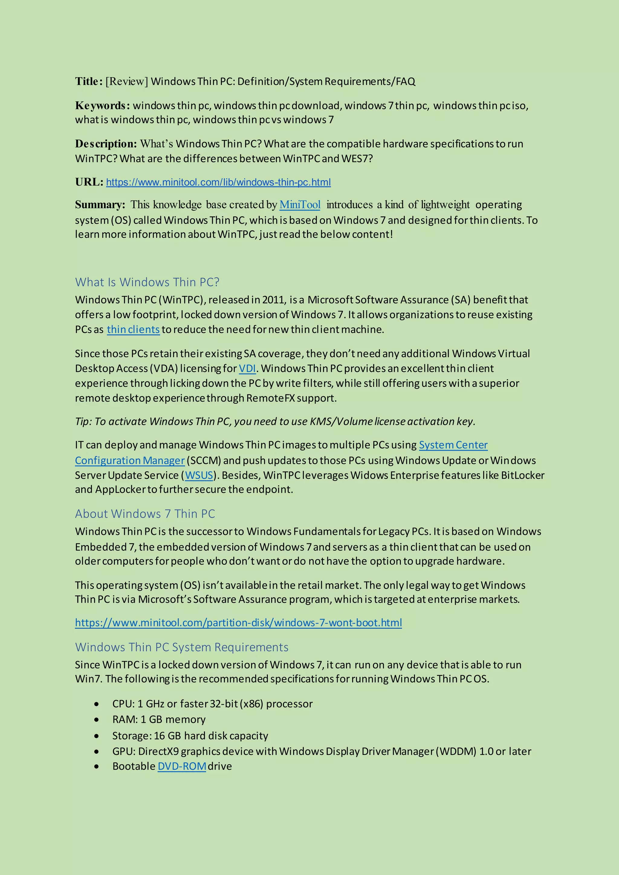 Windows thin pc | DOCX