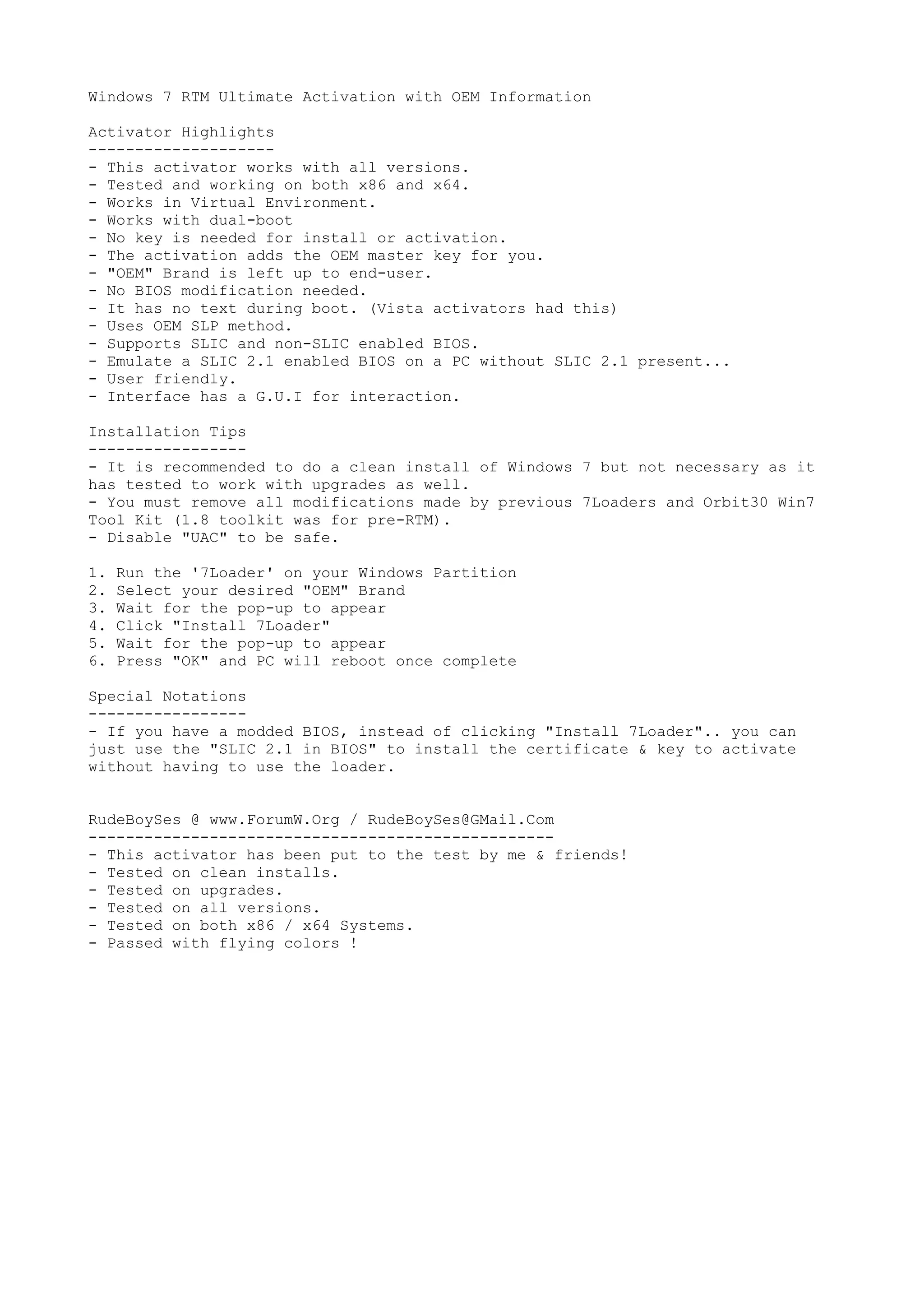 Windows 7 activator read me | TXT