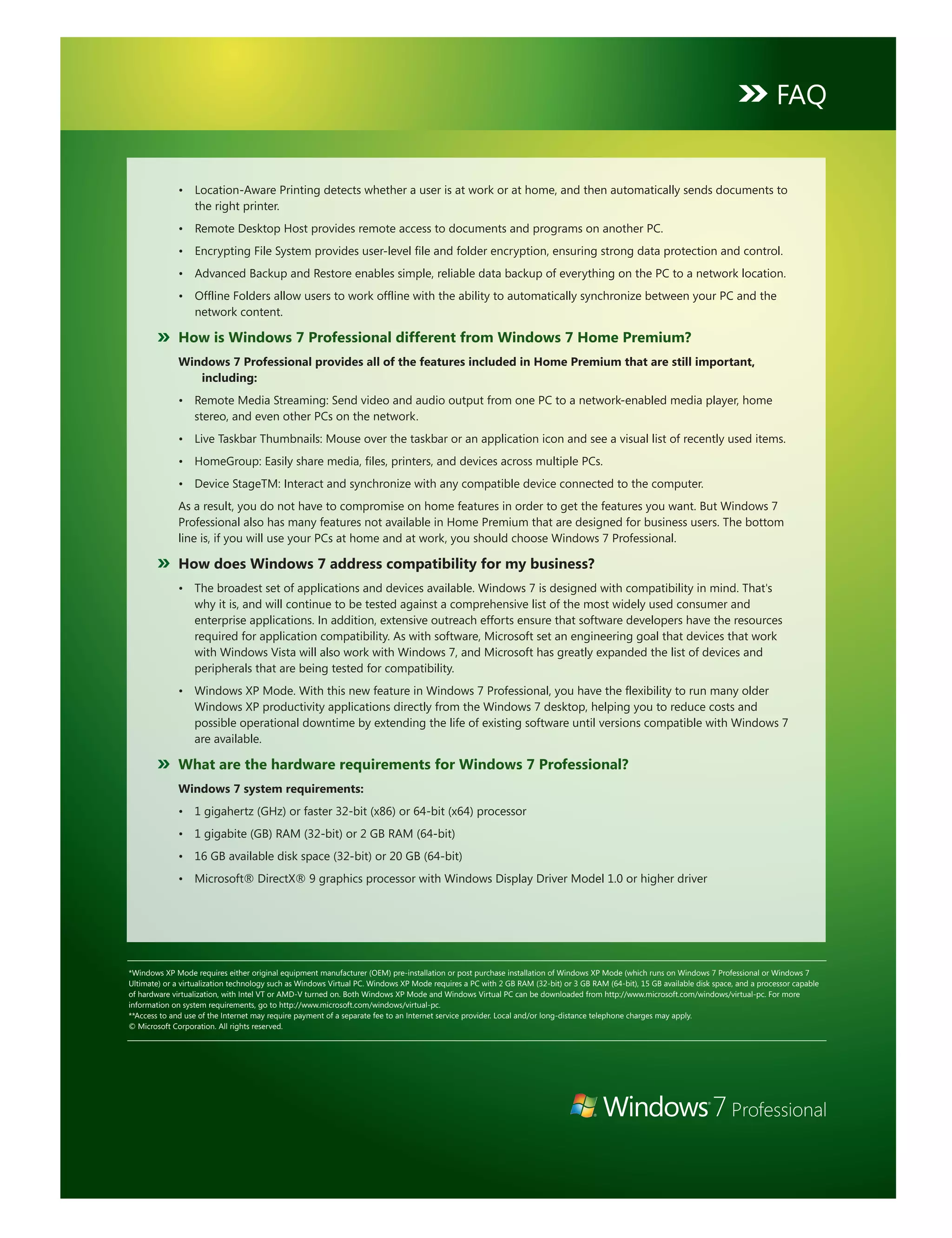 Windows 7 Professional - Frequently Asked Questions | PDF