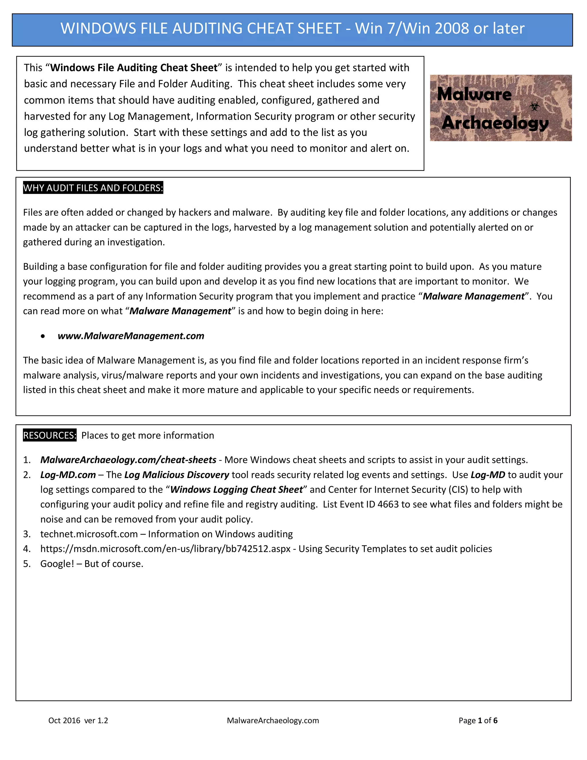 Windows File Auditing Cheat Sheet ver Oct 2016 - MalwareArchaeology | PDF