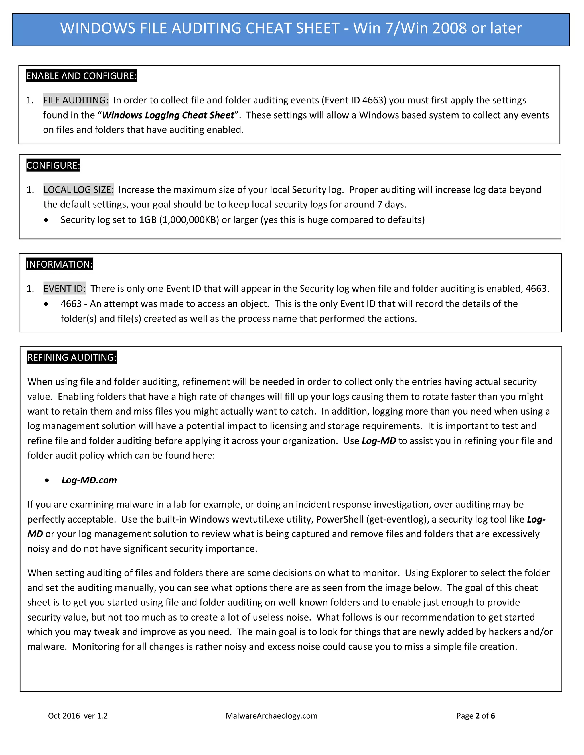 Windows File Auditing Cheat Sheet ver Oct 2016 - MalwareArchaeology | PDF