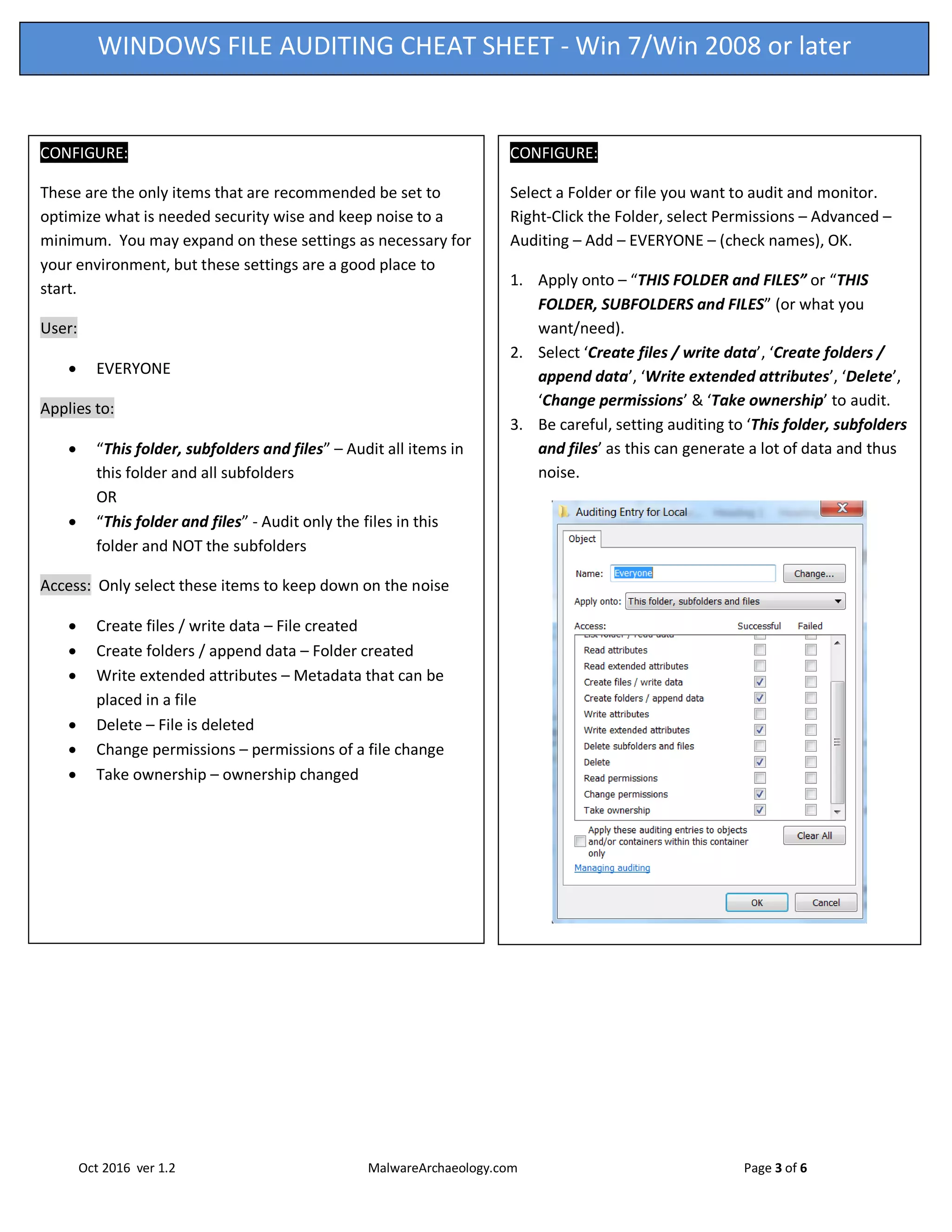 Windows File Auditing Cheat Sheet ver Oct 2016 - MalwareArchaeology | PDF