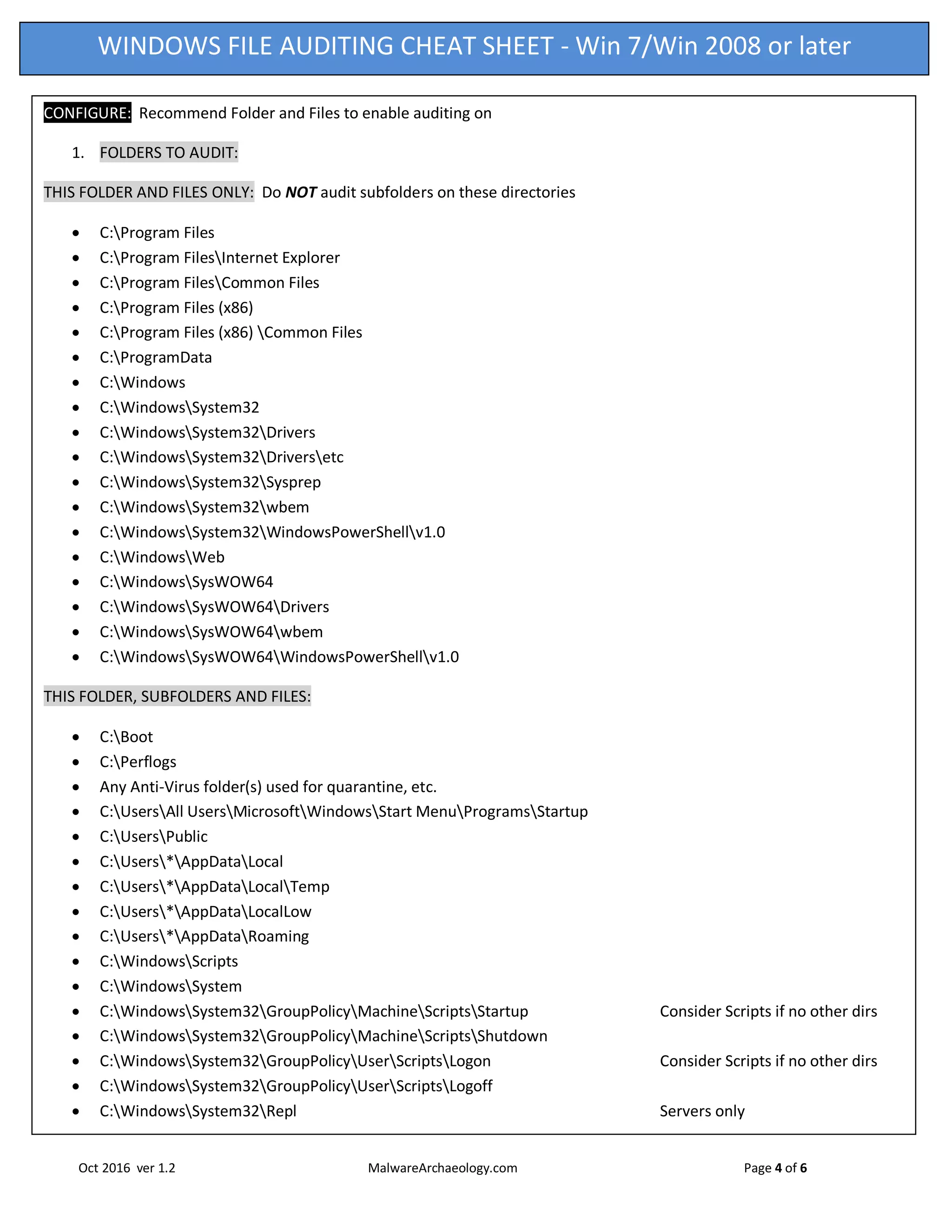 Windows File Auditing Cheat Sheet ver Oct 2016 - MalwareArchaeology | PDF