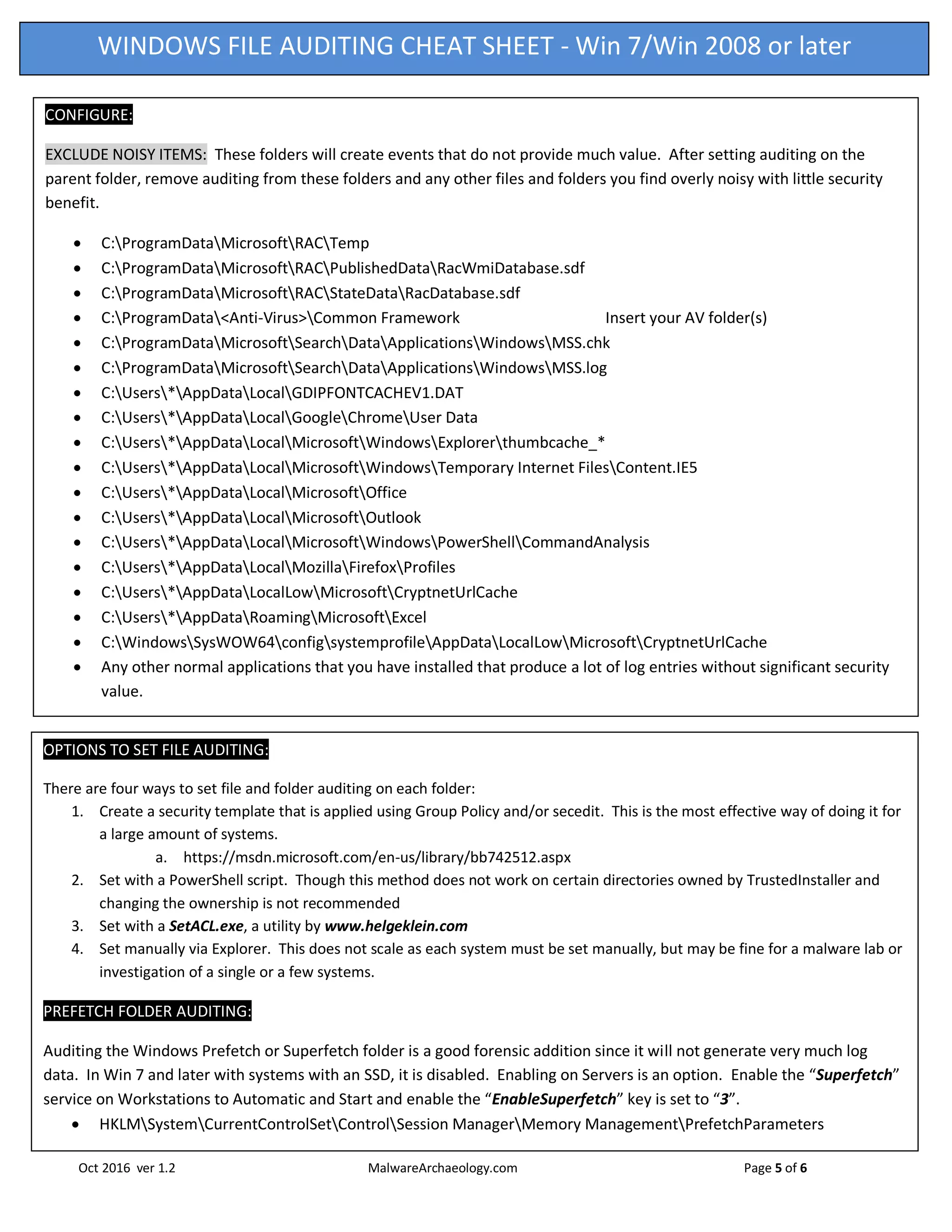 Windows File Auditing Cheat Sheet ver Oct 2016 - MalwareArchaeology | PDF