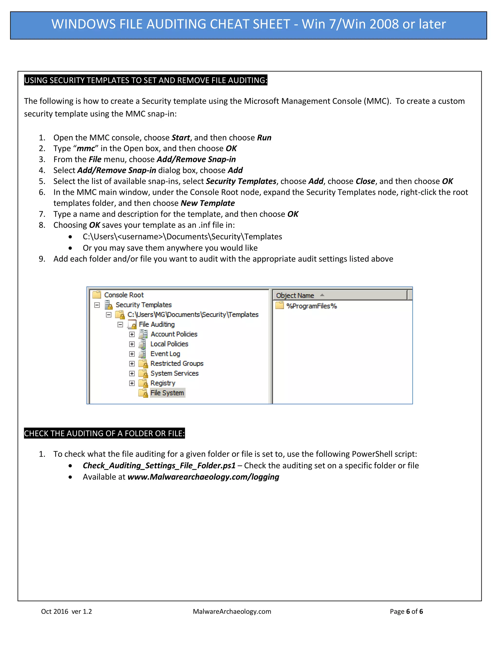 Windows File Auditing Cheat Sheet ver Oct 2016 - MalwareArchaeology | PDF