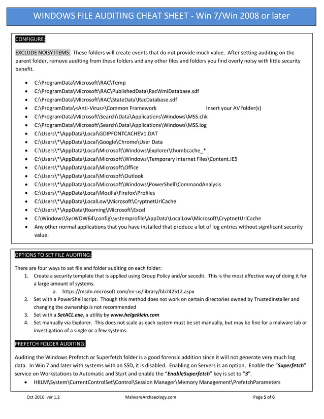 Windows File Auditing Cheat Sheet ver Oct 2016 - MalwareArchaeology | PDF