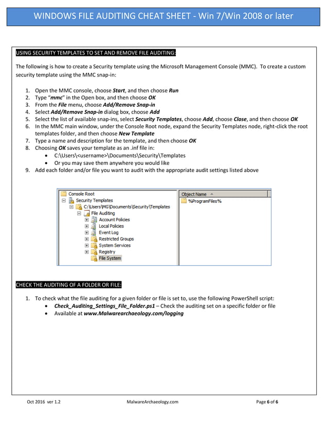 Windows File Auditing Cheat Sheet ver Oct 2016 - MalwareArchaeology | PDF