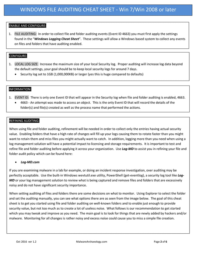 Windows File Auditing Cheat Sheet ver Oct 2016 - MalwareArchaeology | PDF