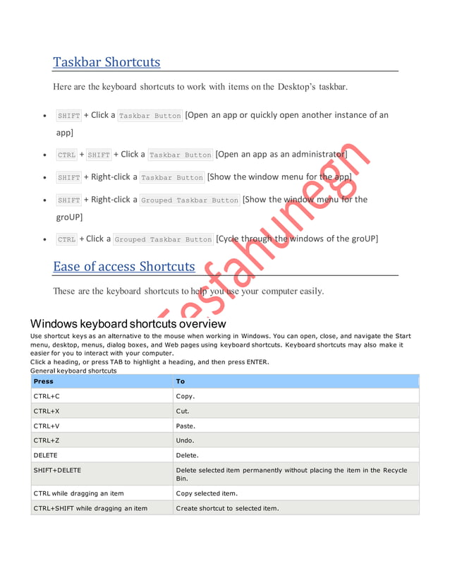 Windows keyboard shortcuts overview | DOCX | Operating Systems | Computer Software and Applications