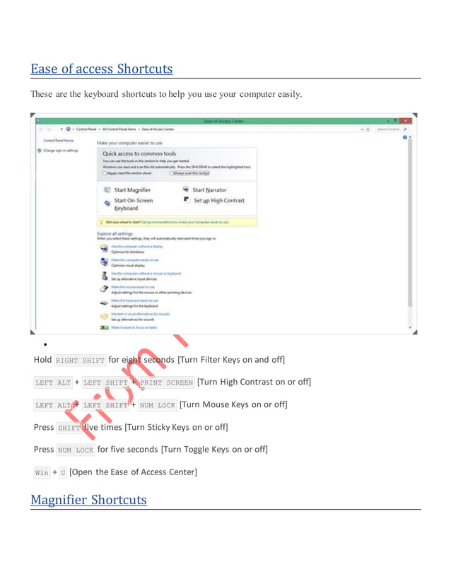 Windows keyboard shortcuts overview | DOCX | Operating Systems | Computer Software and Applications