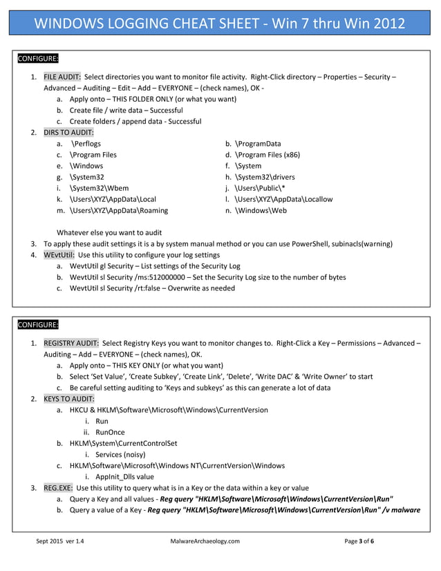 Windows Logging Cheat Sheet ver Jan 2016 - MalwareArchaeology | PDF