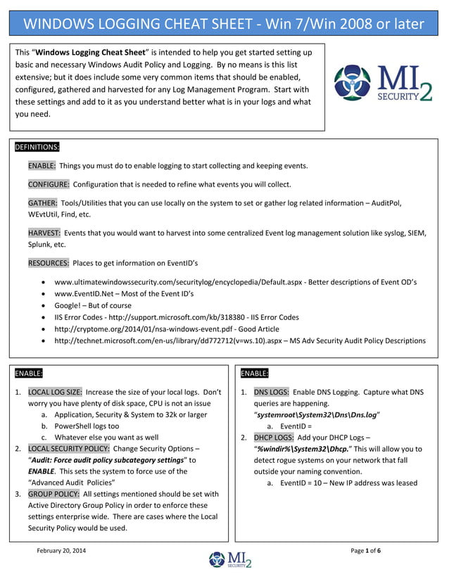 Windows Logging Cheat Sheet Pdf 