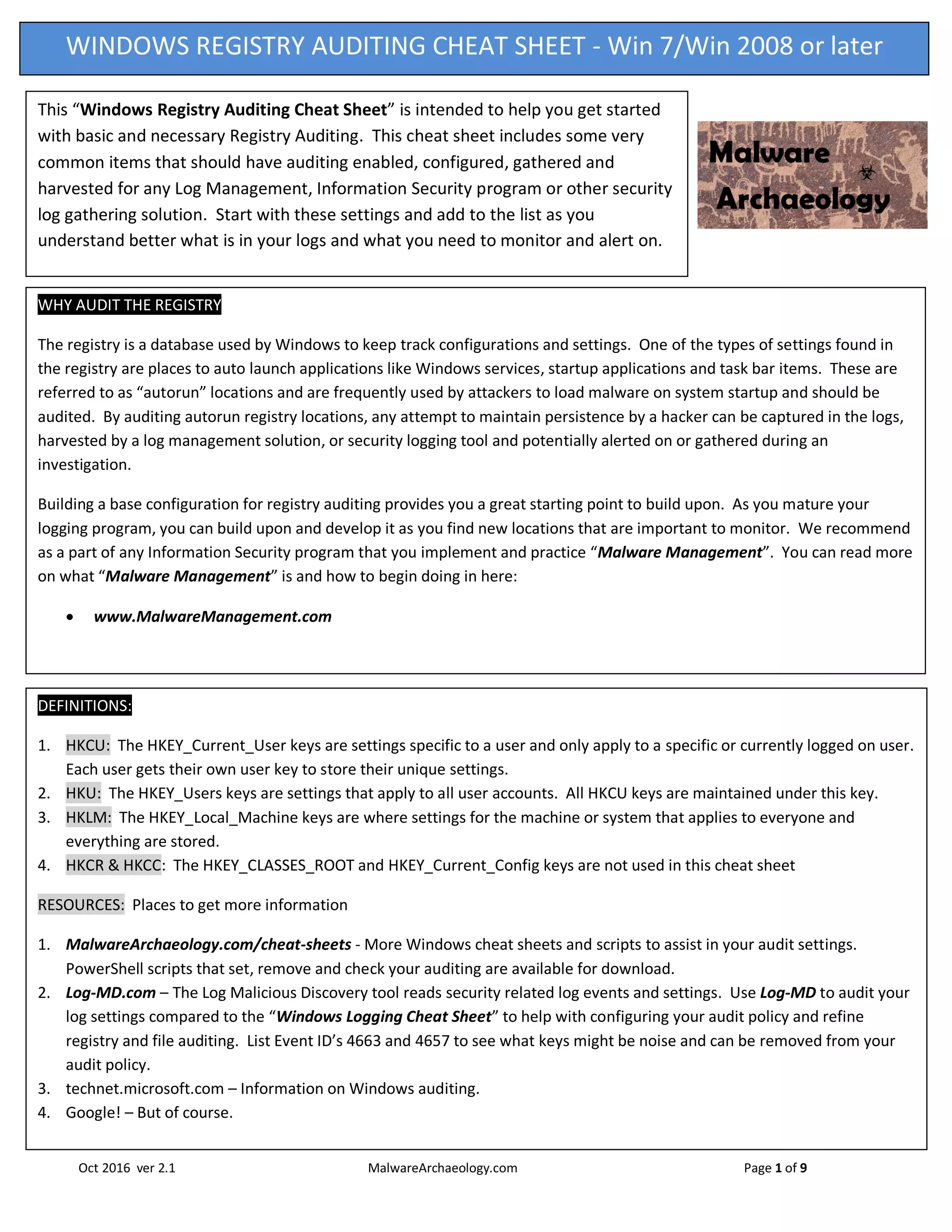 Windows Registry Auditing Cheat Sheet ver Oct 2016 - MalwareArchaeology ...