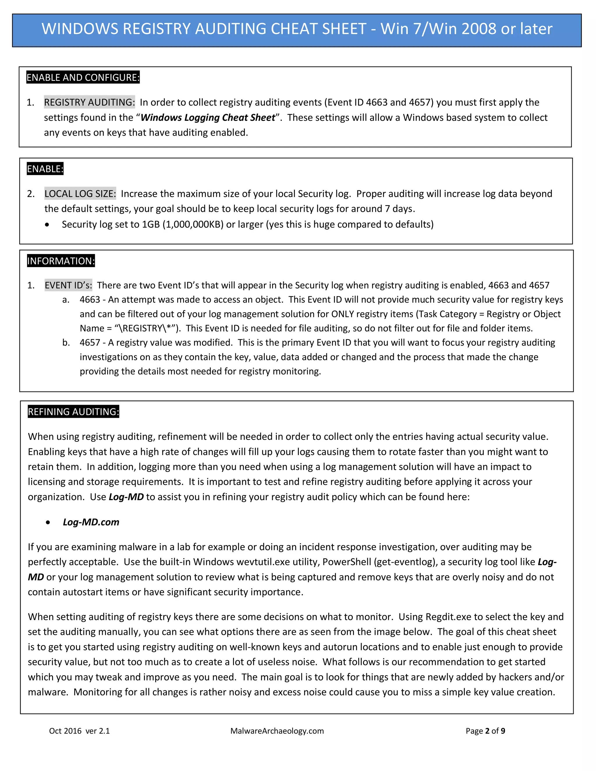 Windows Registry Auditing Cheat Sheet ver Oct 2016 - MalwareArchaeology ...
