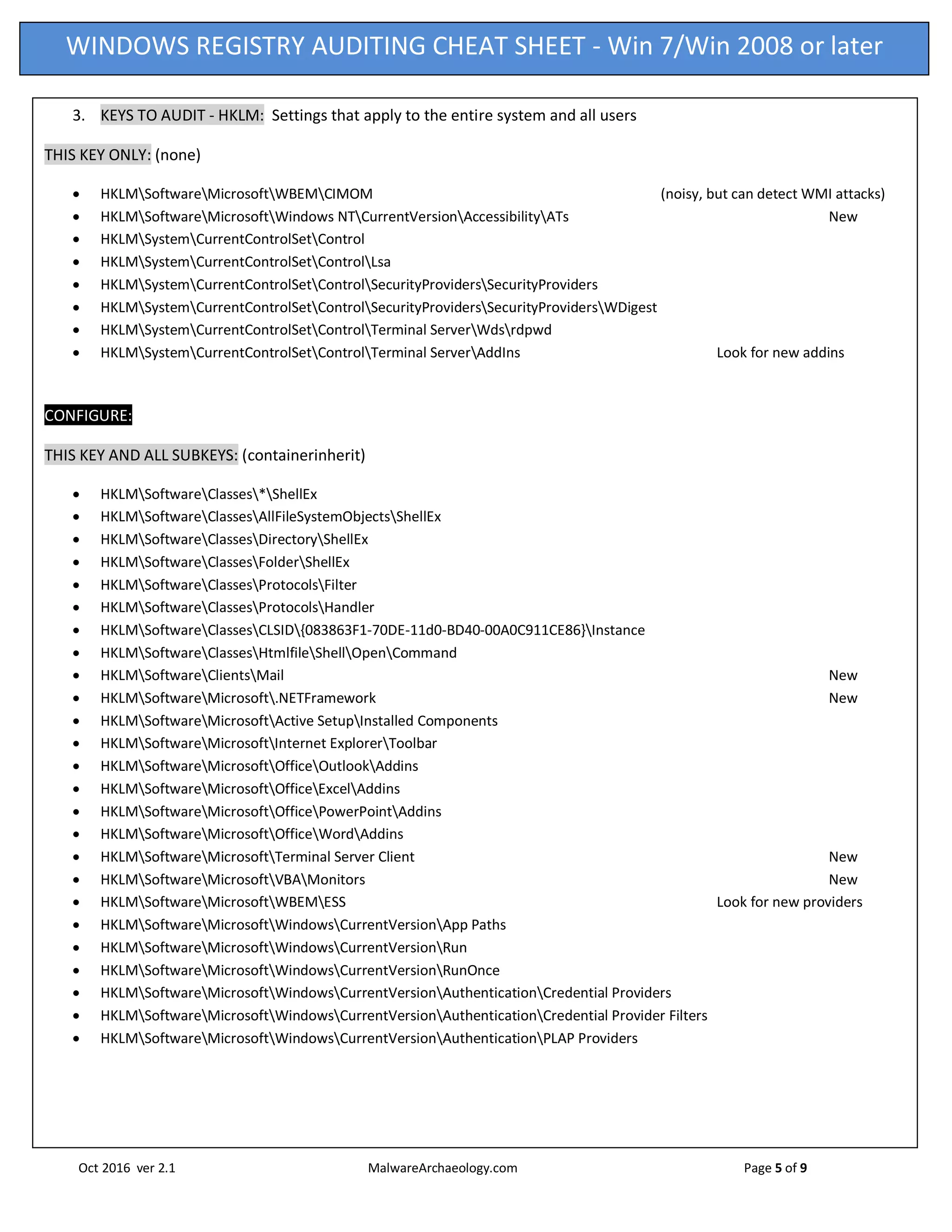 Windows Registry Auditing Cheat Sheet ver Oct 2016 - MalwareArchaeology | PDF