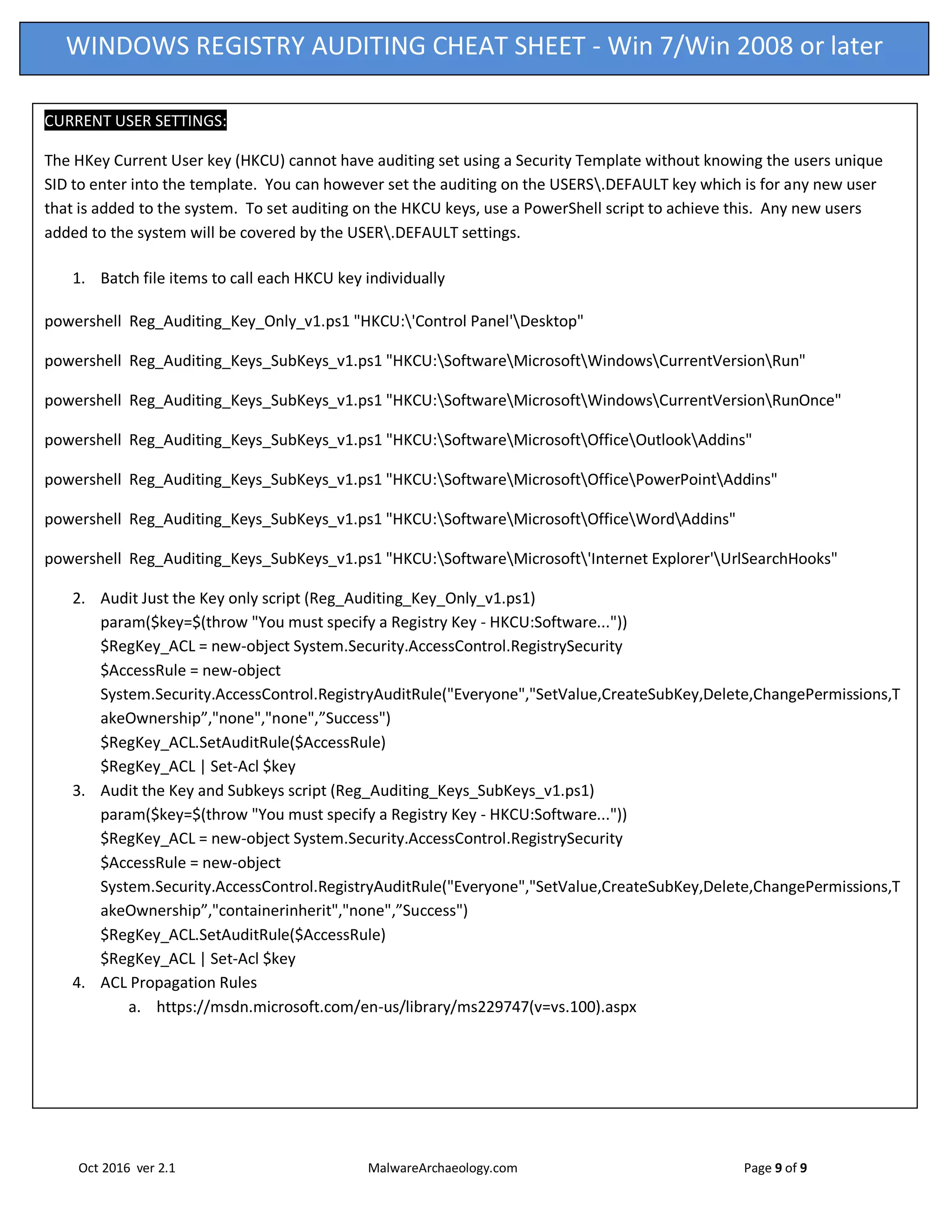 Windows Registry Auditing Cheat Sheet ver Oct 2016 - MalwareArchaeology | PDF