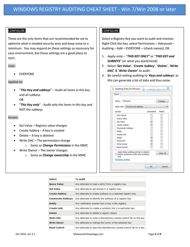 Windows Registry Auditing Cheat Sheet ver Oct 2016 - MalwareArchaeology | PDF